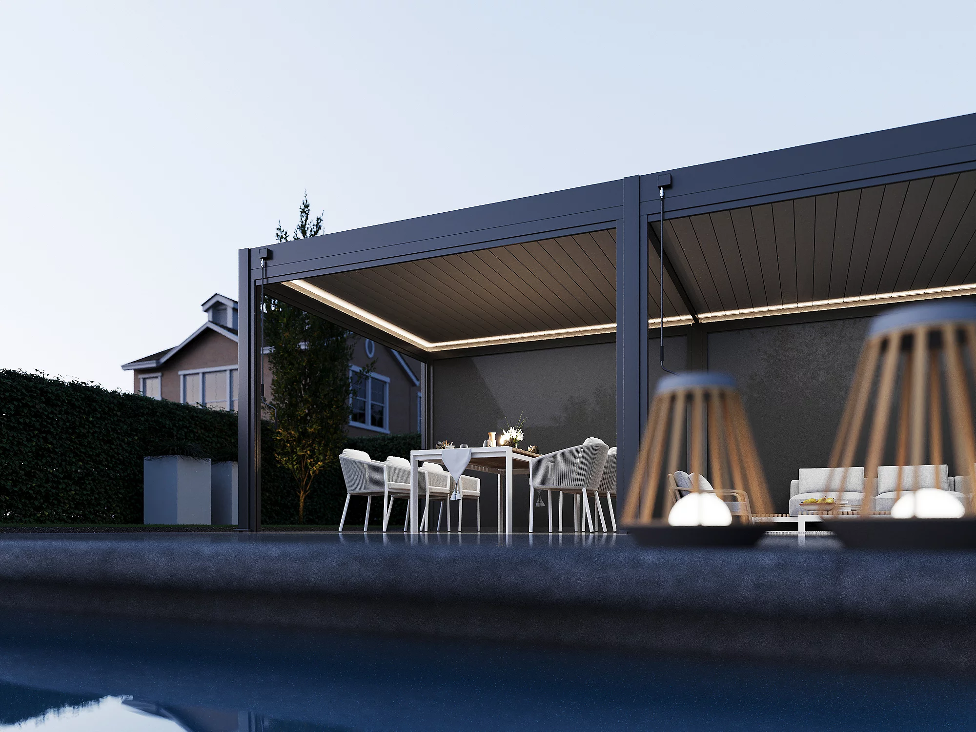 Veranza Louvered Roof Pergola With LED Lights - 7.2 x 3.6m